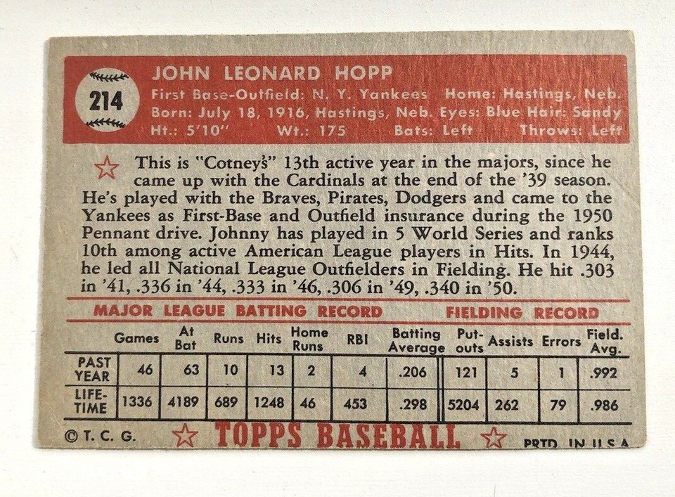 1952 Topps Baseball Set Break #214 Johnny Hopp Red Back New York ...