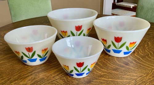 Vintage FIRE KING Set Of 4 TULIP Nesting MIXING BOWLS Pre-owned | eBay