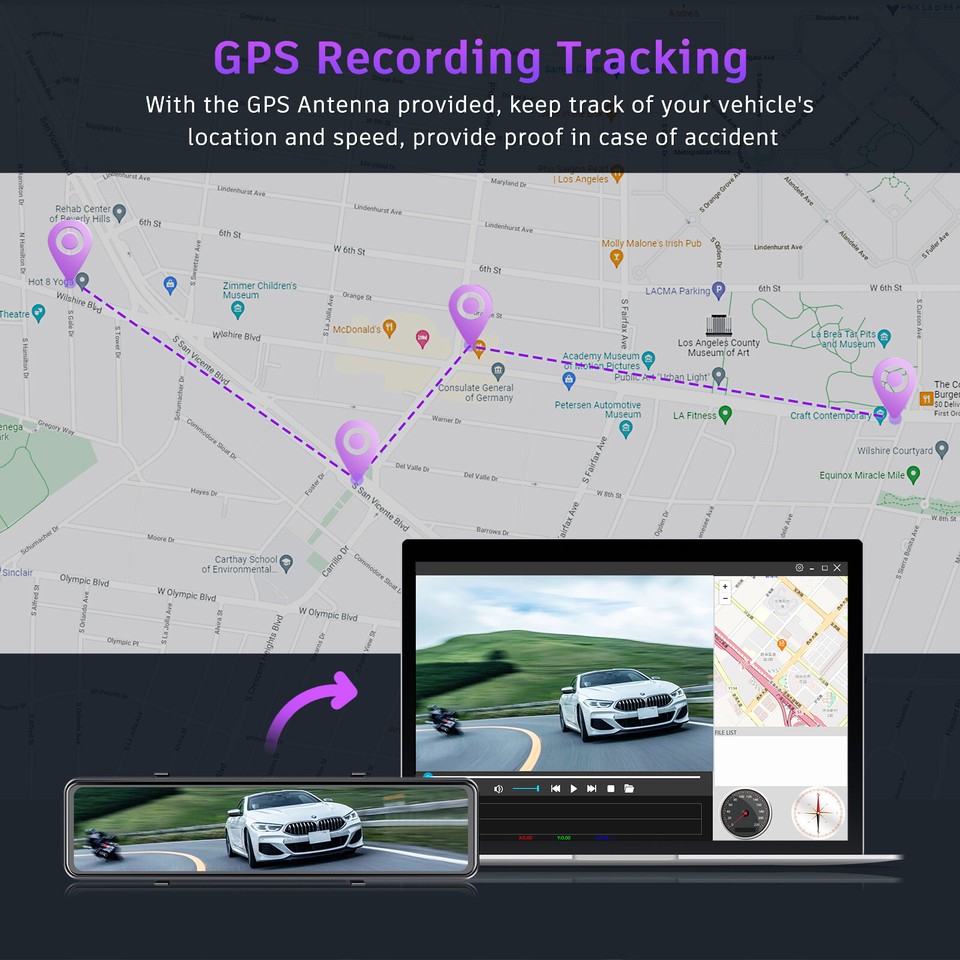 12" Full Touch GPS 4K Car Dual Lens DVR Rear View Mirror Video Dash ...