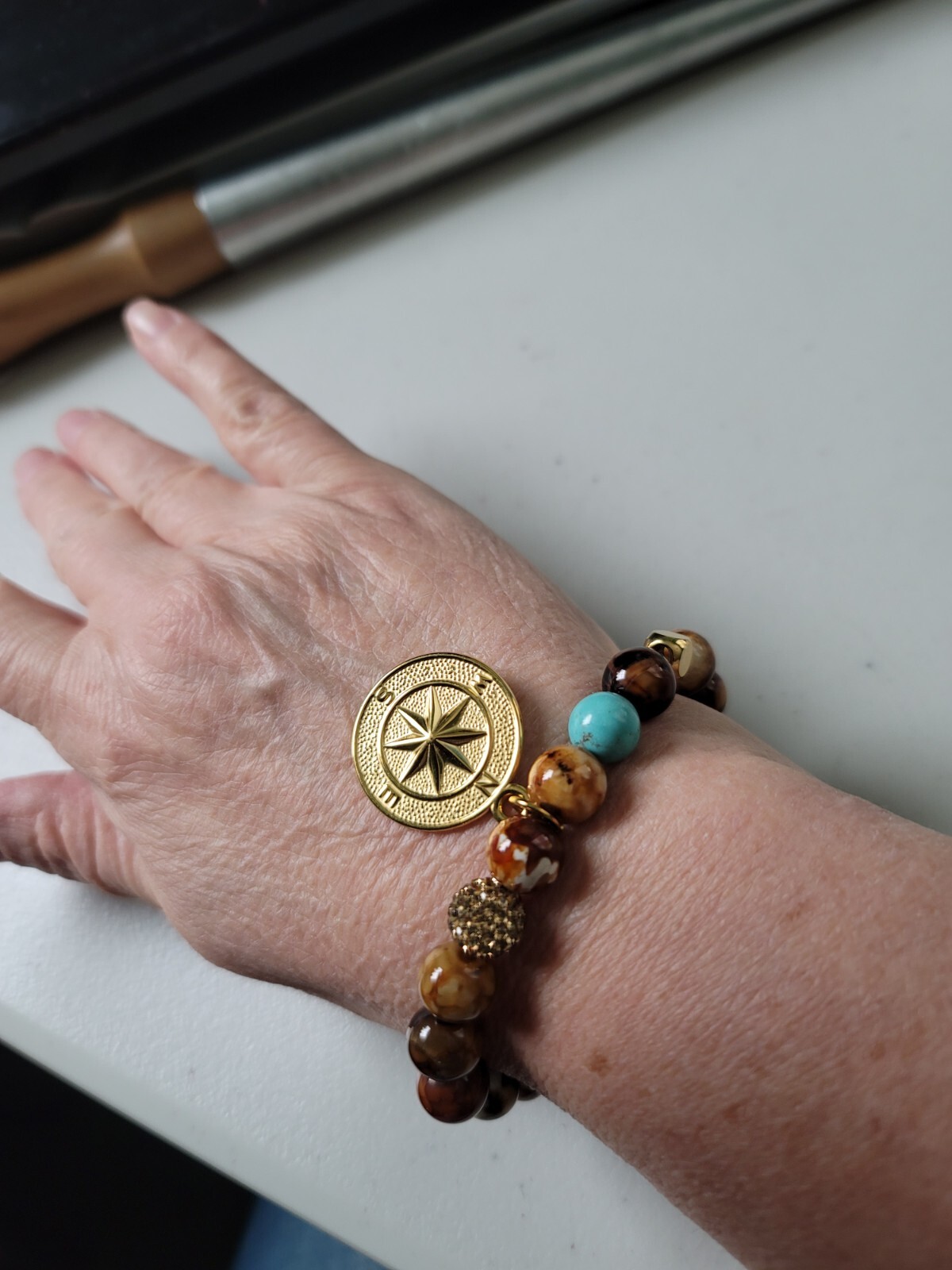 Earthy Brown Agate Bead Compass Bracelet | eBay
