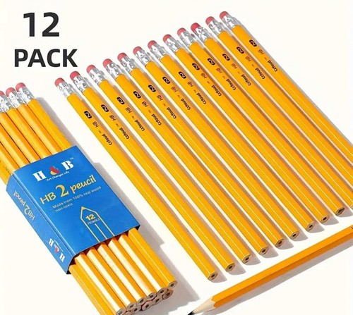 12pcs Vibrant Yellow HB Hexagonal Wooden Pencils With Red Eraser Heads ...