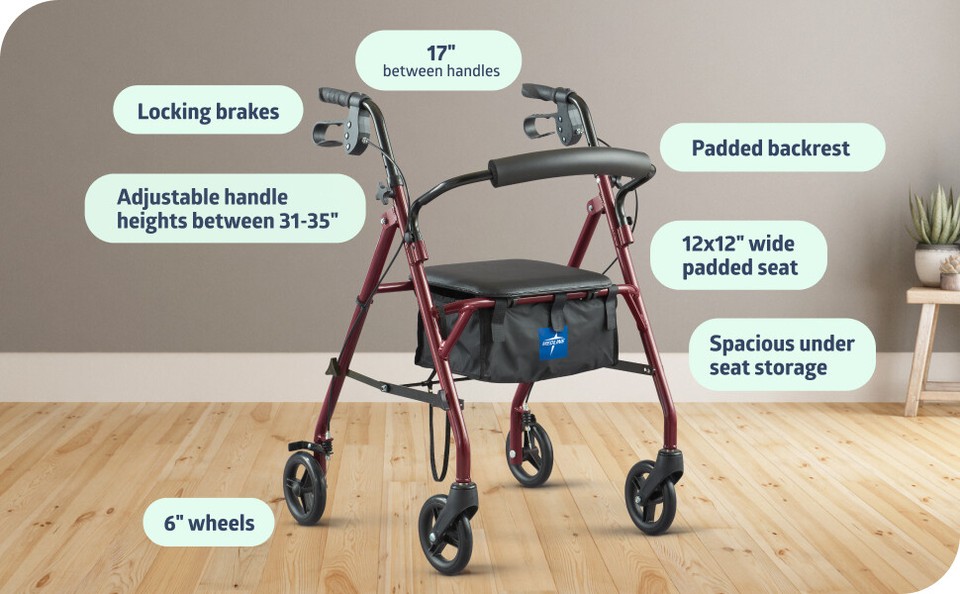 Medline Rollator Walker Replacement Parts BRAKES, WHEELS, SEAT ...
