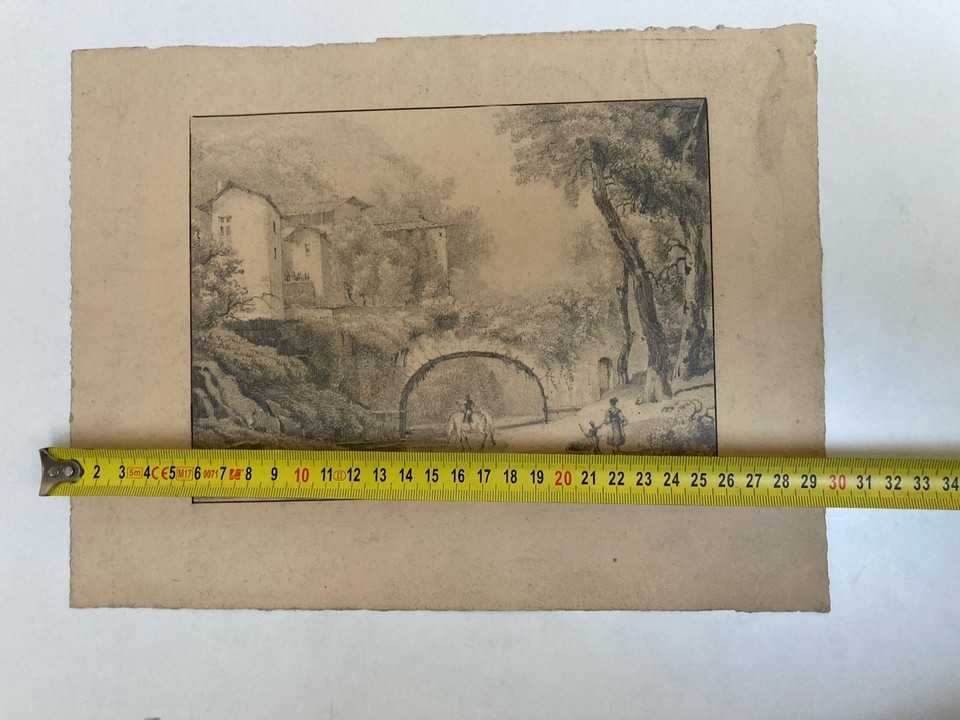 Very Beautiful Drawing XIX 1850 Pencil Landscape Bridge Horse Horses ...