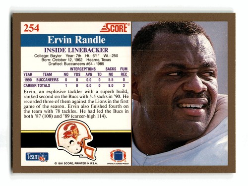 Ervin Randle 1991 Score #254 Tampa Bay Buccaneers Centered Mint to Gem ...