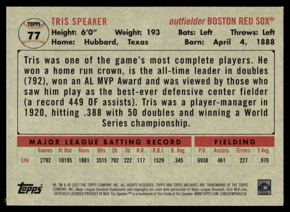 Tris Speaker 2023 Topps Archives Card 1956 #77 Boston Red Sox | eBay