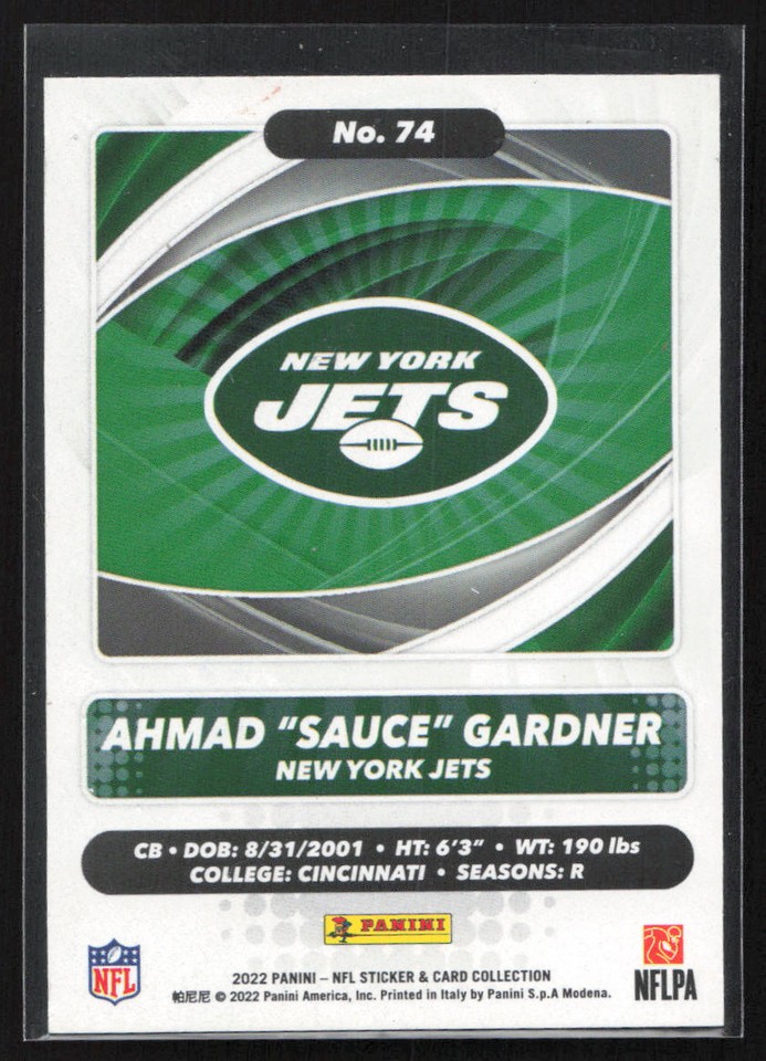 2022 Panini Sticker & Card Ahmad "Sauce" Gardner #74 Pink Rookie #3/25 ...
