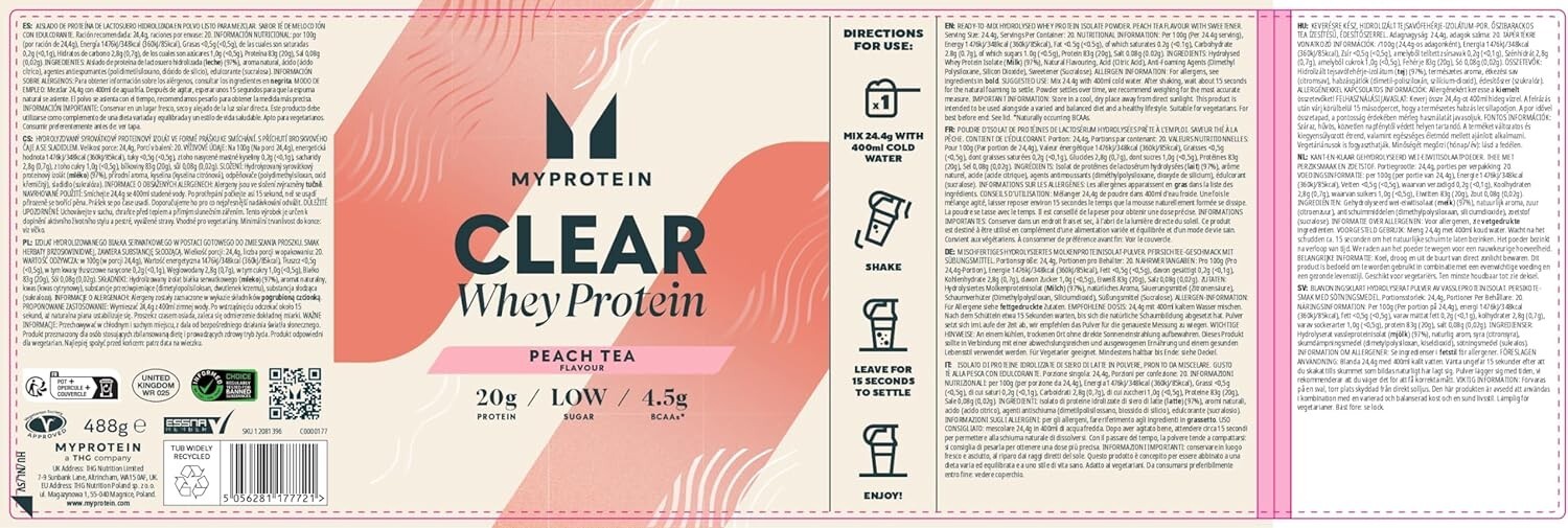Myprotein Clear Whey Isolate Peach Tea Protein Powder - 488 g for sale ...