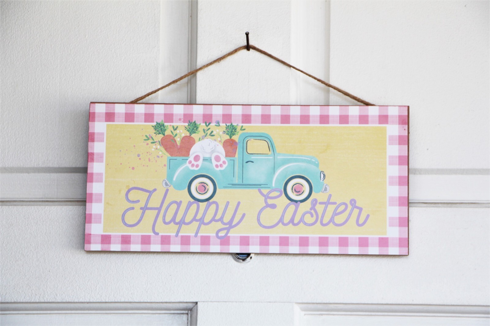 BUNNY SIGN, 12” Happy Easter, Pink Gingham Checks, Blue Vintage Truck ...
