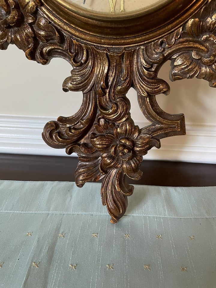 antique vintage French clock brass ornate wall clock wind up roses ...