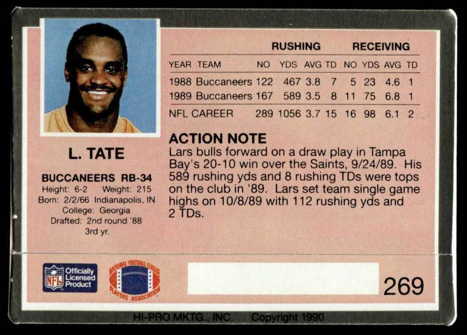 1990 Action Packed Lars Tate Tampa Bay Buccaneers #269 | eBay