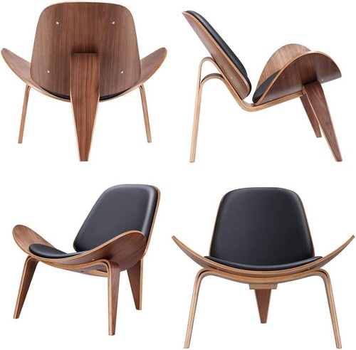 Modern Shell Lounge Chair Full Leather Solid Wood Scandinavian Seat ...