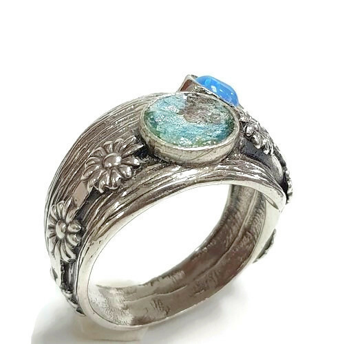 Roman Glass Ring Silver 925 Flower Round Blue Opal Ancient Fragment 200 ...