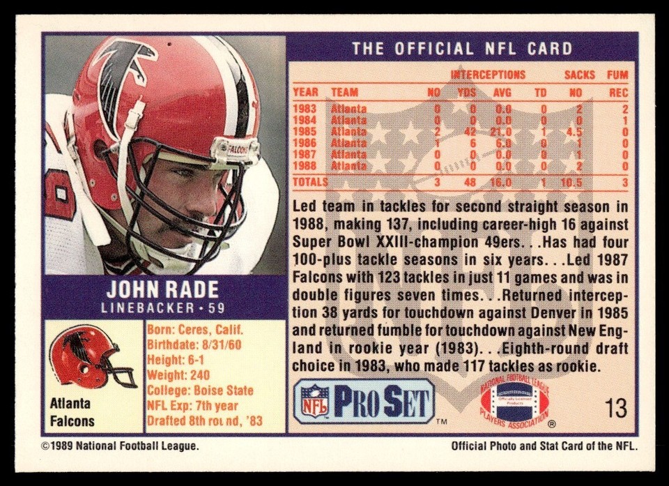 1989 Pro Set John Rade Atlanta Falcons #13 | eBay