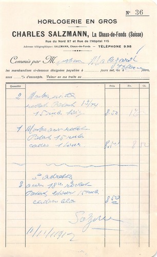 1912 HORLOGERIE EN GROS CHARLES SALZMANN A LA CHAUX DE FONDS - M ...