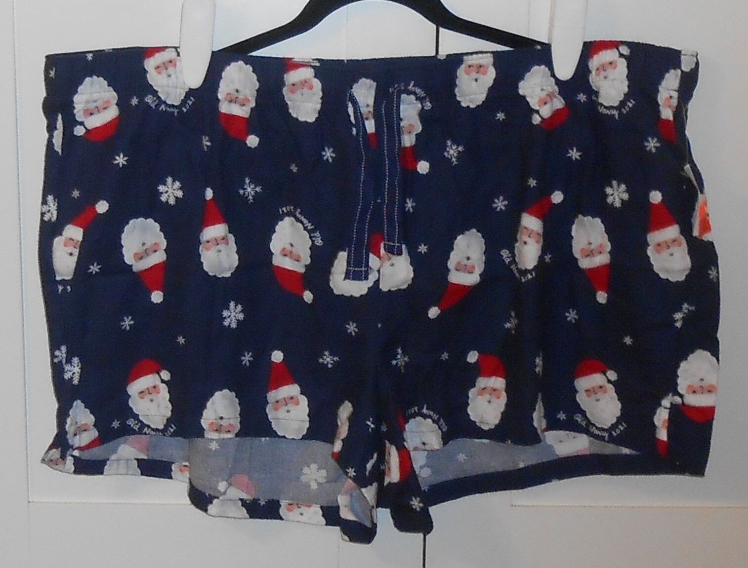 WOMEN'S OLD NAVY NAVY BLUE SANTA (2021) H/R FLANNEL BOXERS w/DRAWSTRING ...