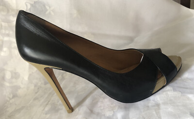 Ann Taylor Perfect Peep Toe Black High Heel Open Toe Leather Women's ...