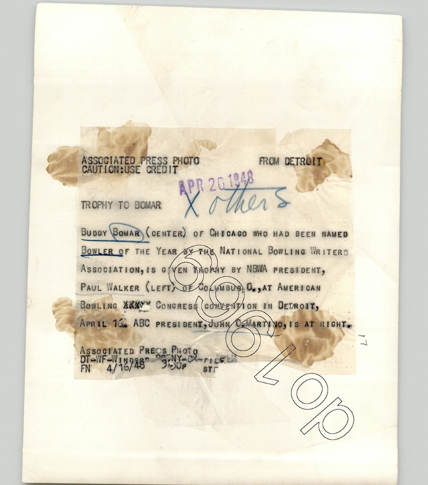 BUDDY BOMAR is BOWLER of the Year COLUMBUS Ohio 1948 VINTAGE Press ...