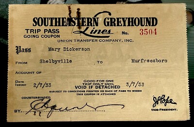 1933 Southeastern Greyhound Bus Lines Trip Pass Nashville Murfreesboro ...