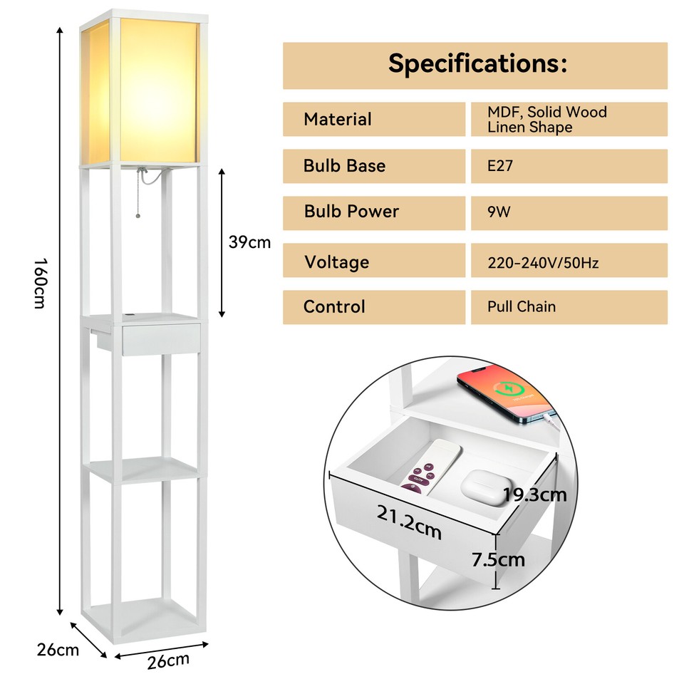 LED Floor Lamp Modern Standing 4-tier Storage Display Shelf Wooden ...