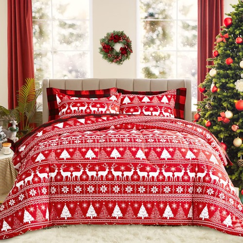 7 Piece Bed in a Bag Queen, Red and White Reindeer Snowflake and Tree ...