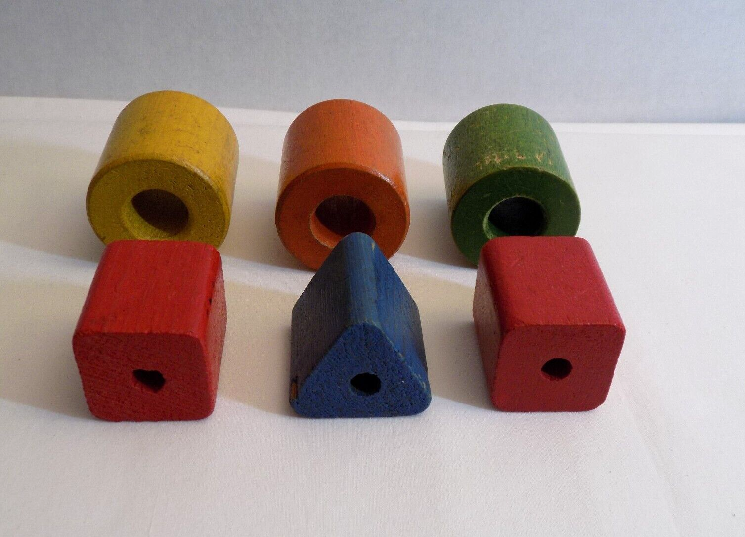 6 Vtg Wooden Building Block Toy Color Wood Shapes Cylinder Rectangle ...