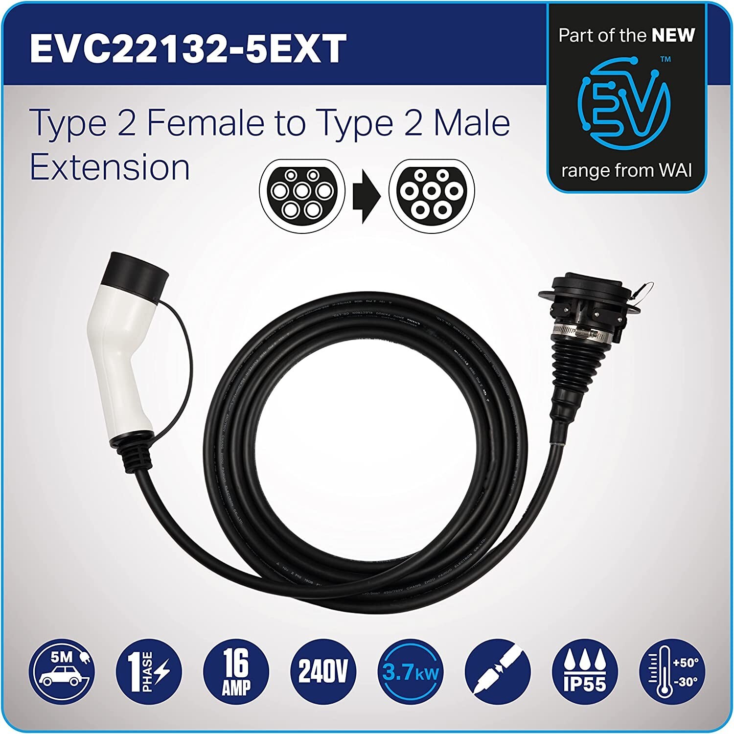 Type 2 Female to Type 2 Male Extension, 3.7 KW, 16 Amp Single Phase EV ...