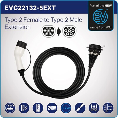 Type 2 Female to Type 2 Male Extension, 3.7 KW, 16 Amp Single Phase EV ...