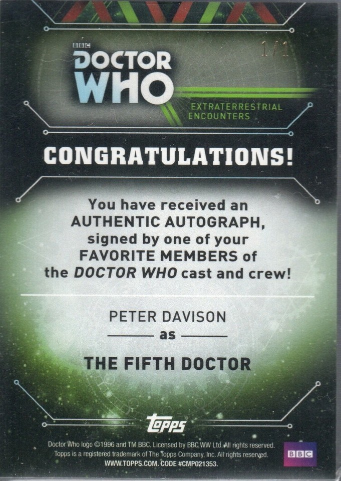 PETER DAVISON Autograph card #1/1 GOLD- DOCTOR WHO Extraterrestrial ...