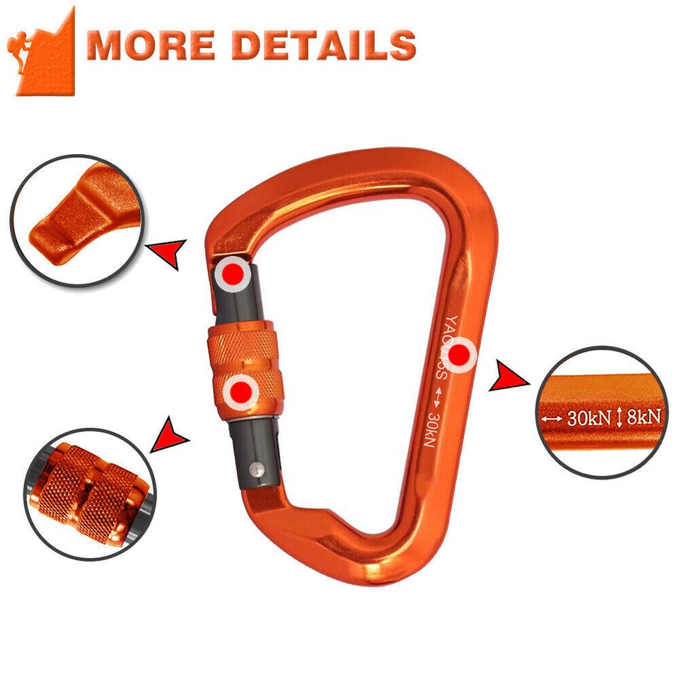 30KN Rock Climbing Locking Carabiner + Prusik Rescue Rope Safety ...