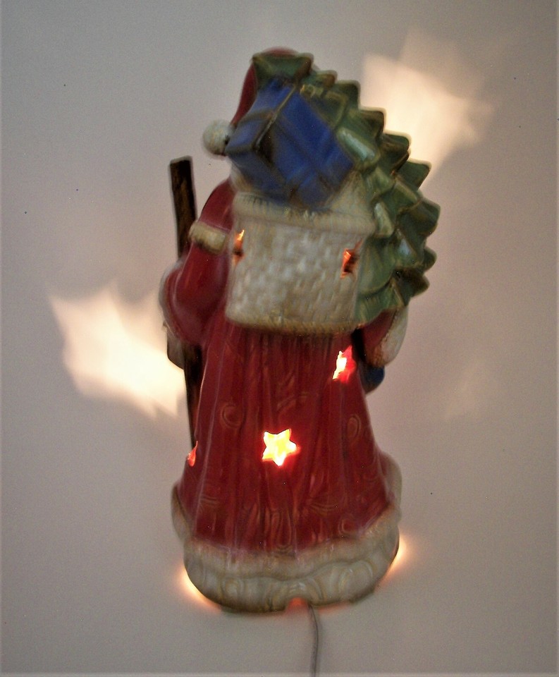 Santa Claus Christmas Light Figural Holiday Lamp Star Cutouts Ceramic ...