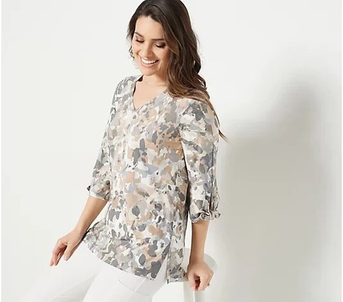 Susan Graver Weekend Printed Cool Touch 3/4 Slv Top Ties-Gray/Sand ...