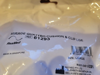 Factory Sealed ResMed 61293 Mirage Quattro Cushion & Clip LARGE FREE ...