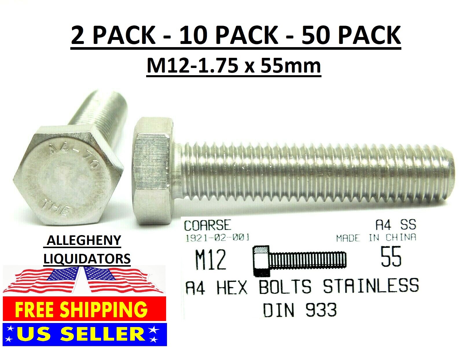 (M12-1.75 x 55mm) 316 A4 STAINLESS STEEL HEX HEAD BOLTS SCREWS FULL ...