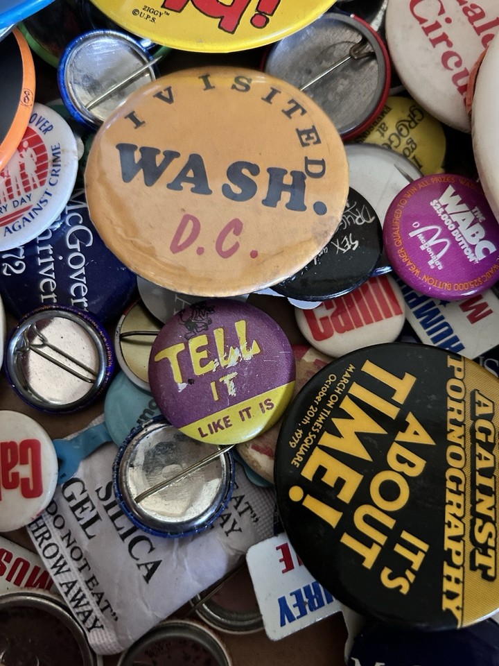 VTG PINBACKS buttons lot of 130 + Pins Political Hippie Feminist SPORTS ...