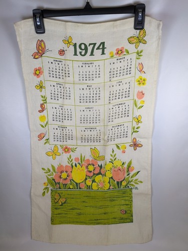 Vintage 1974 Calendar Linen Tea Towel Flowers & Butterflies | eBay