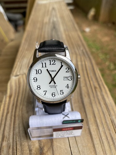 Timex T2H281, Men's Easy Reader Black Leather Watch, Indiglo, Date ...