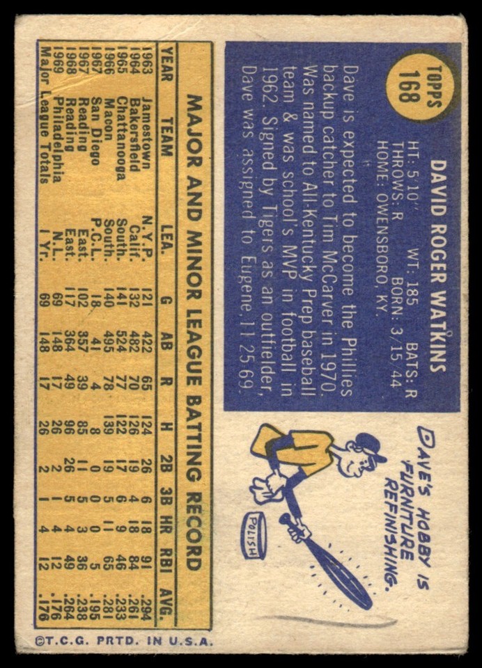 1970 Topps Dave Watkins Rookie Philadelphia Phillies #168 | eBay
