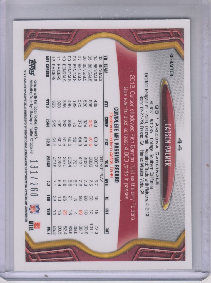 2013 Topps Chrome Prism Refractors 260 Football Card #44 Carson Palmer ...