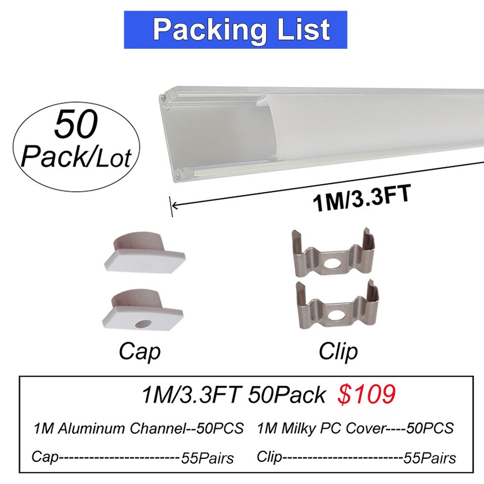 50Pack Easy Install U Channel Led Strip Light Aluminum Profile Diffuser ...