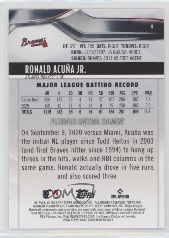 2021 Bowman Platinum Aqua Ice Foilboard 138/250 Ronald Acuna Jr Acuña ...