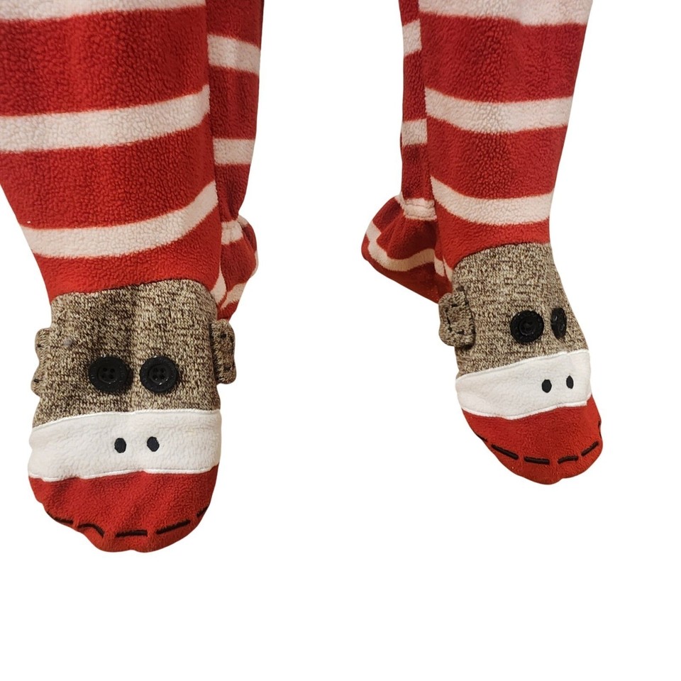 Nick & Nora Sock Monkey Footed Pajamas Medium Red White Striped Fleece ...
