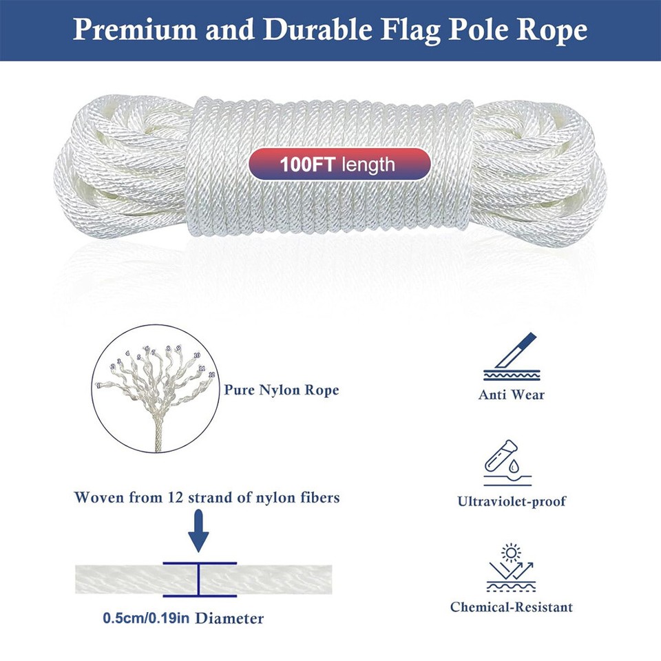100ft 5MM White Flagpole Halyard Rope Flag Pole Rope Nylon Braided Cord ...