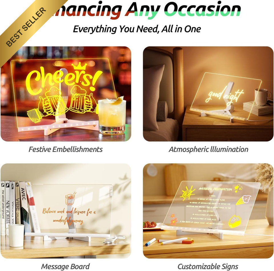 LED Acrylic Drawing Board Light Up Dry Erase Glow Message Board 12x8 ...