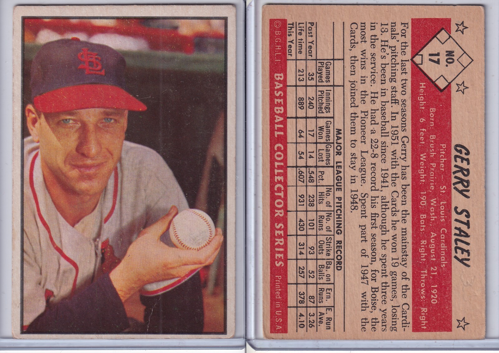 1953 Bowman Color Baseball Card # 17 Gerry Staley St. Louis Cardinals ...