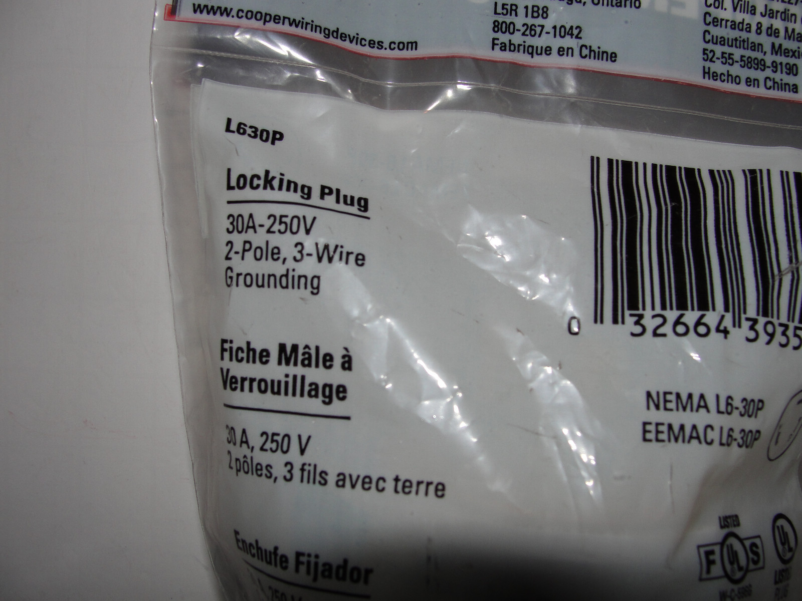 Eaton L630P 30A/250V Industrial Grade Locking Plug w/ Safety Grip Black ...