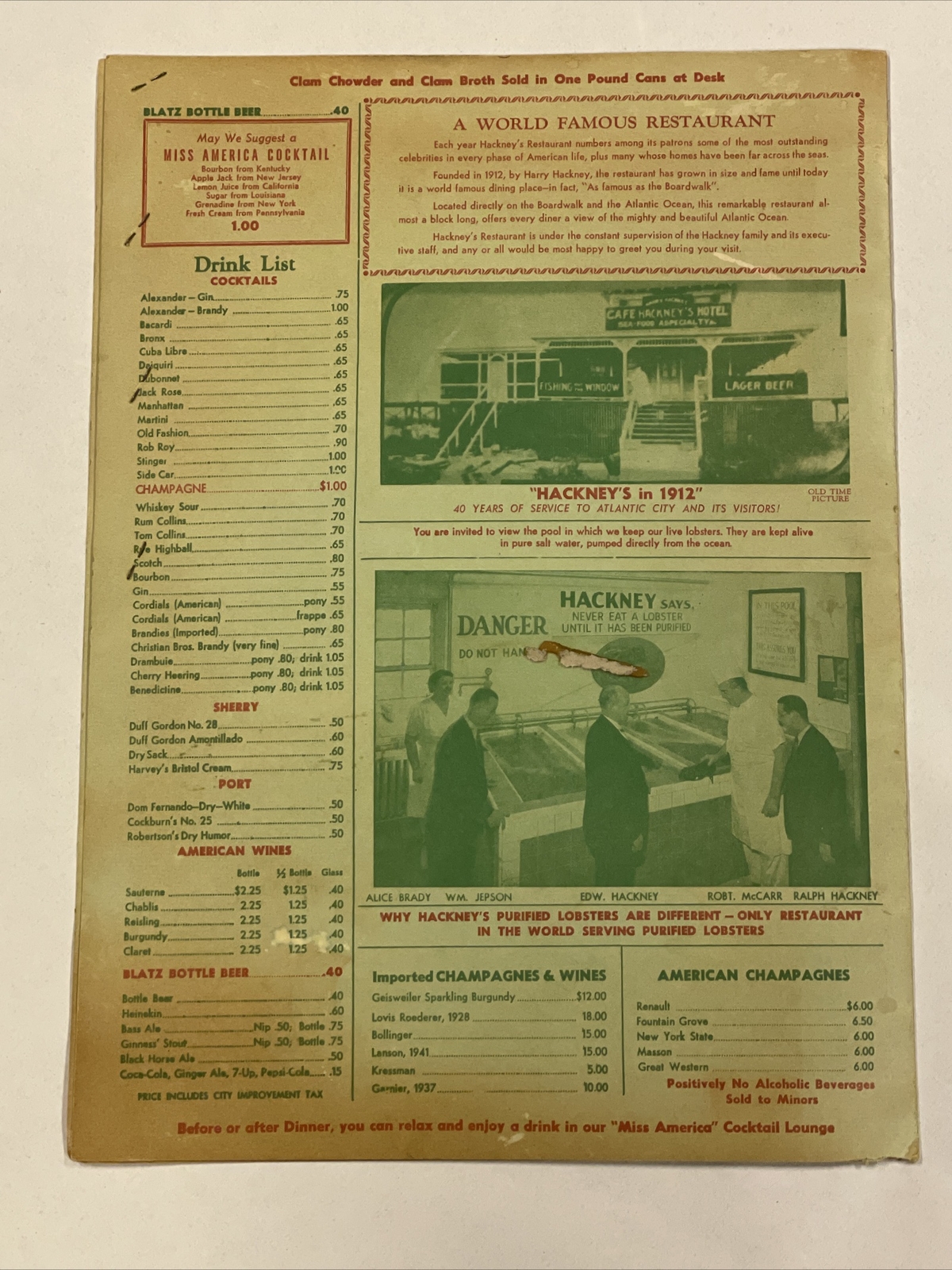 Vintage 1952 Hackney's Restaurant 40th Anniversary Menu, Atlantic, N.J ...