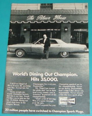 1972 CHAMPION SPARK PLUG AD/THE PALMER HOUSE RESTAURANT/EMPIRE ROOM ...