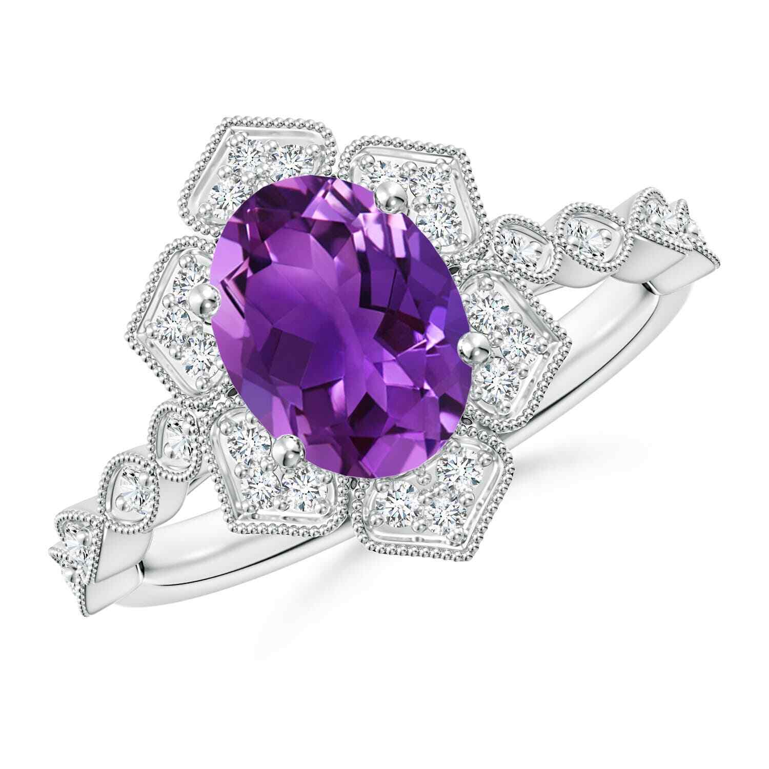 ANGARA Oval Amethyst Trillium Floral Shank Ring for Women in 14K Solid ...