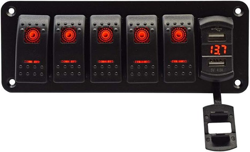5 Gang Rocker Switch Aluminum Panel with 4.8 Amps Dual USB Rocker Style ...