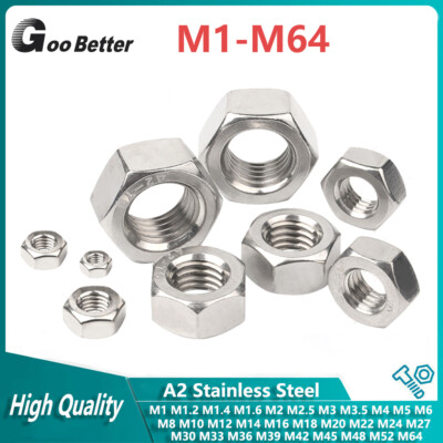 M1-M64 Hex Full Nuts DIN 934 Metric Coarse Pitch Hexagon Nut A2 ...